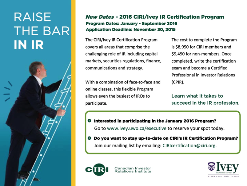 2016 CIRI/Ivey IR Certification Program